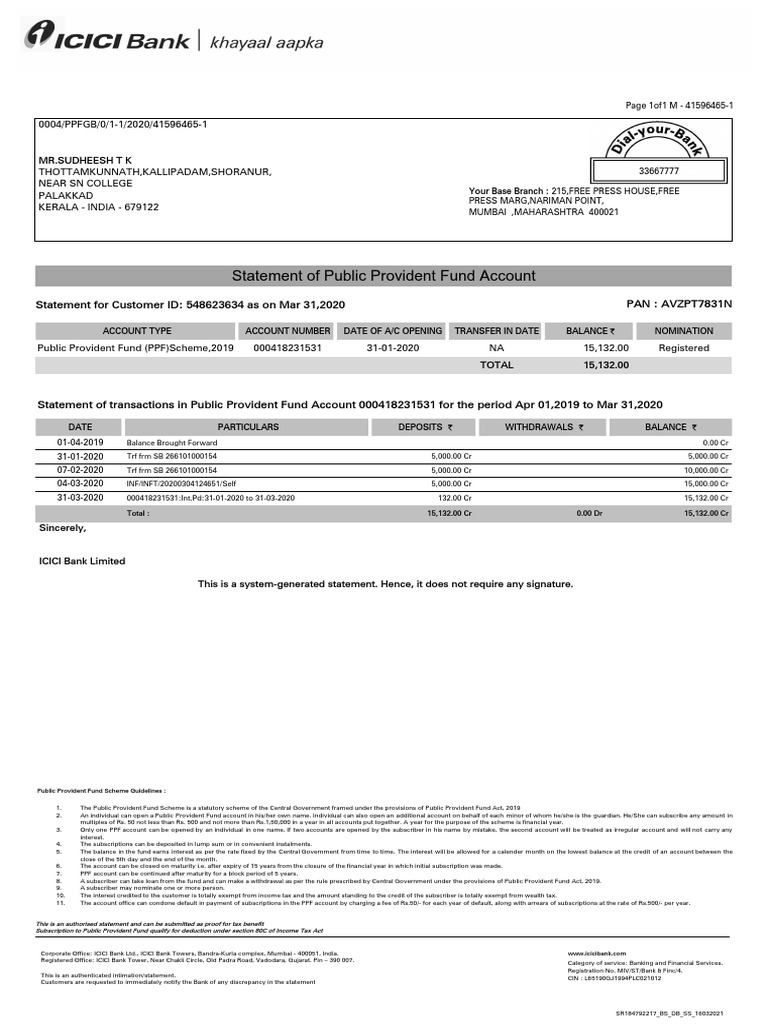 Statement of Public Provident Fund Account: MR - Sudheesh T K | PDF ...