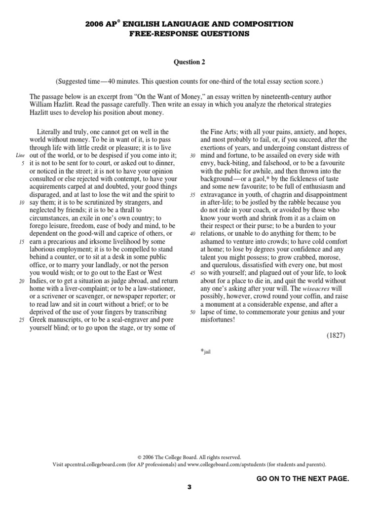 2006 AP English Language and Composition Free-Response Questions | PDF