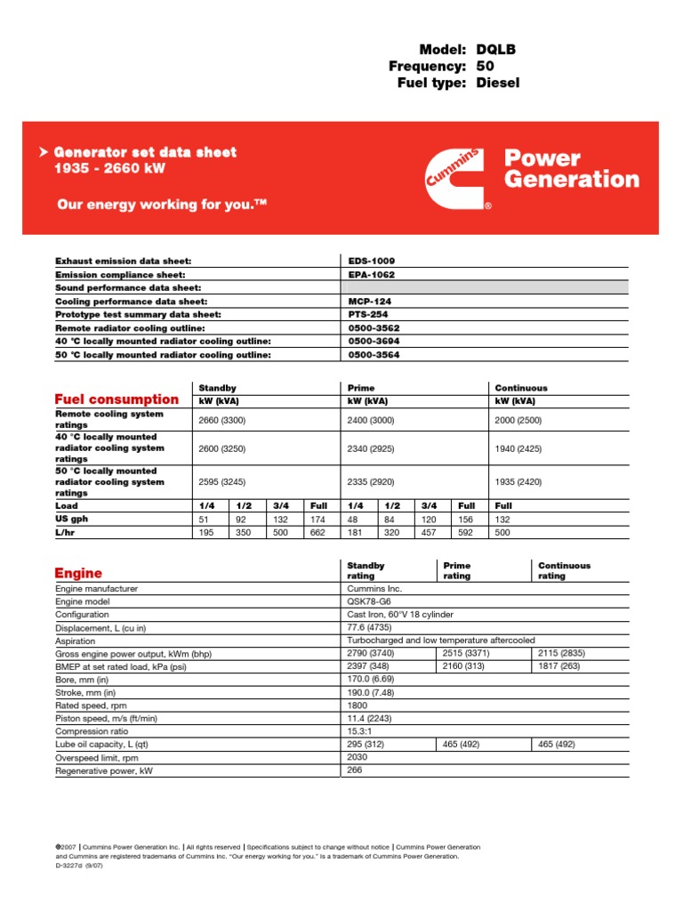 H Generator Set Data Sheet 1935 - 2660 KW: Model: DQLB Frequency: 50 ...