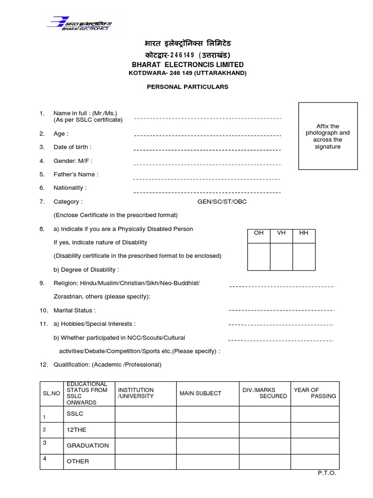 Personal Particulars Format | PDF