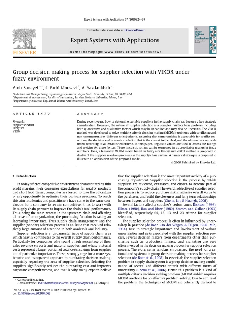 Group Decision Making Process For Supplier Selection With VIKOR Under | PDF | Fuzzy Logic ...