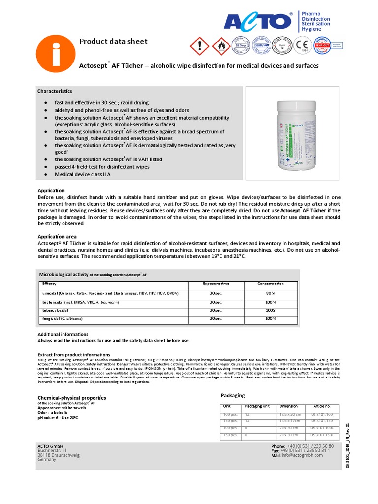 Product Data Sheet: Actosept AF Tücher | PDF | Disinfectant | Chemistry