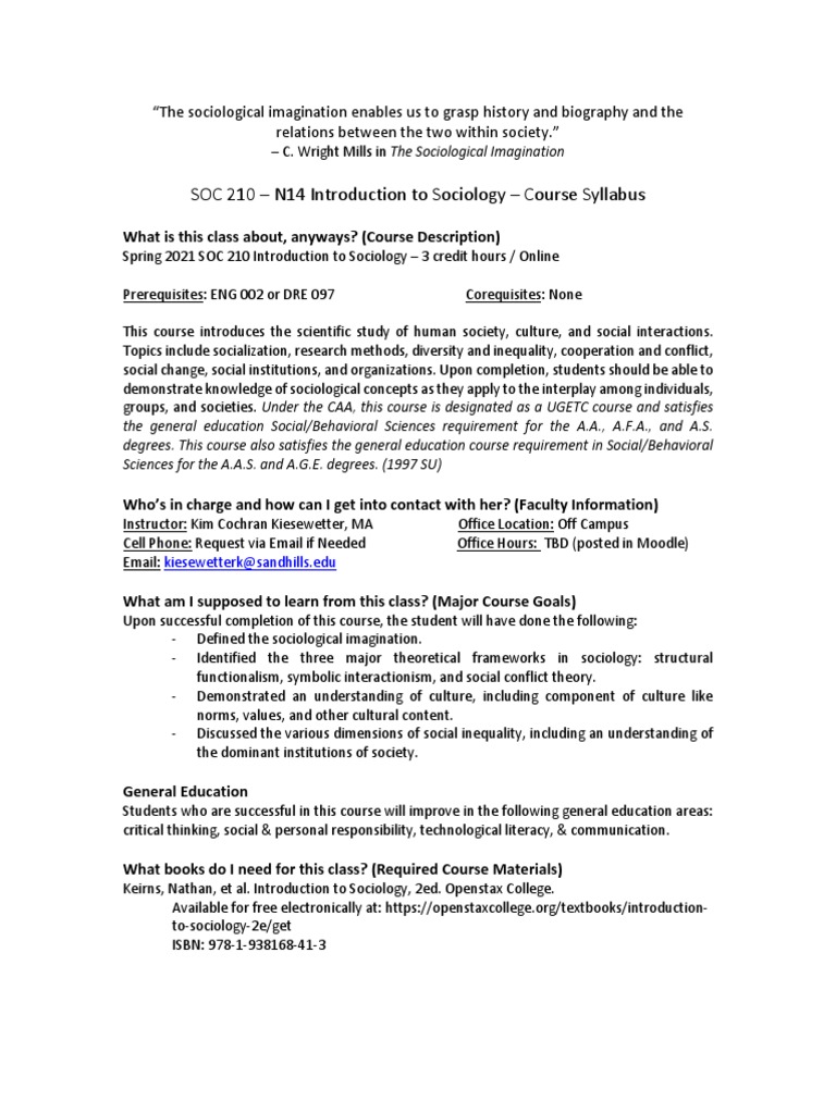 SOC 210 - N14 Introduction To Sociology - Course Syllabus | PDF | Academic Dishonesty | Sociology