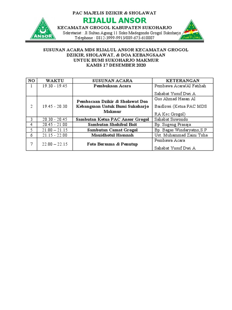 Susunan Acara Mds Ra 17122020 | PDF