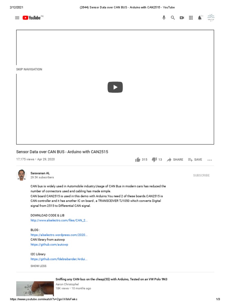 (2644) Sensor Data Over CAN BUS - Arduino With CAN2515 - YouTube | PDF | Arduino | Information Age