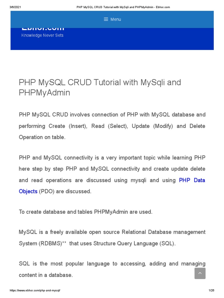 PHP MySQL CRUD Tutorial With MySqli and PHPMyAdmin | PDF