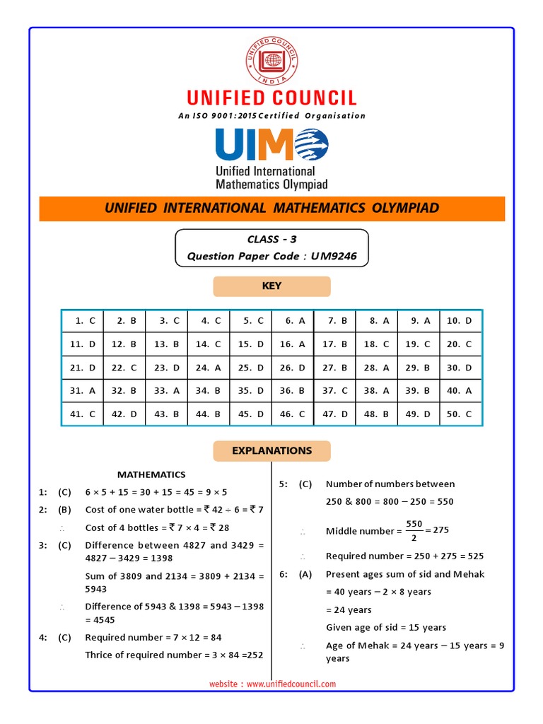 Mathematics Question Paper and Explanations for Class 3 from the ...