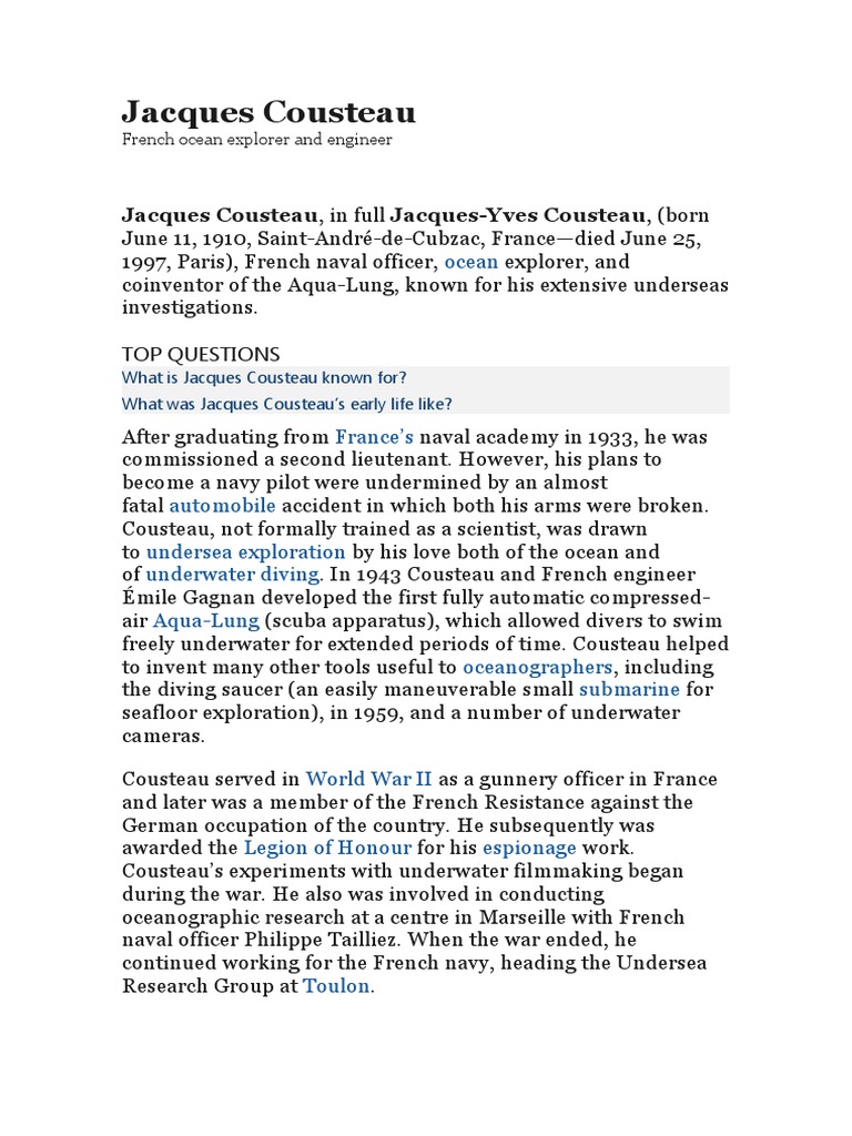 Jacques Cousteau: Jacques Cousteau, in Full Jacques-Yves Cousteau ...