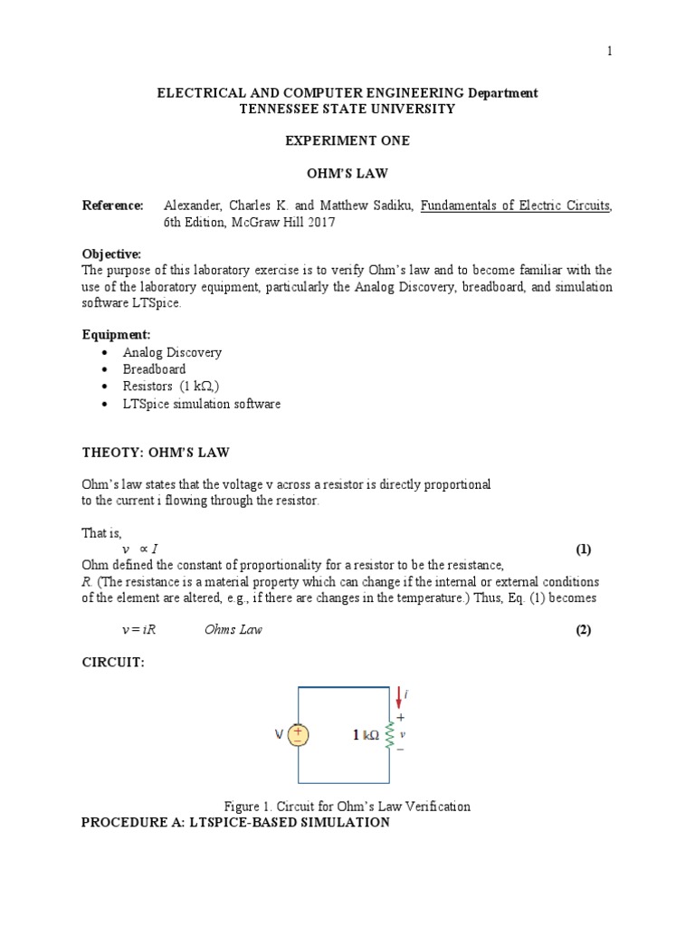 Electrical and Computer Engineering Department Tennessee State University Experiment One Ohm'S ...