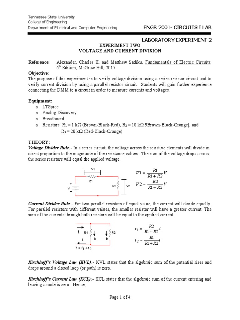 Engr 2001-Circuits I Lab Laboratory Experiment 2 Voltage and Current ...