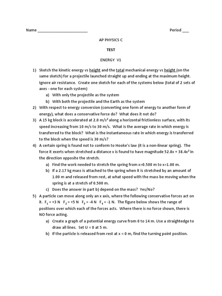 AP Physics C Energy Practice Problems | PDF