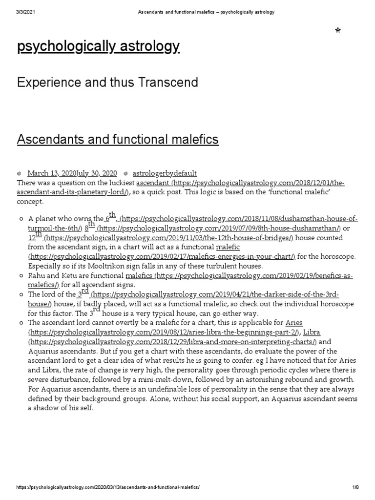 Ascendants and Functional Malefics - Psychologically Astrology | PDF ...