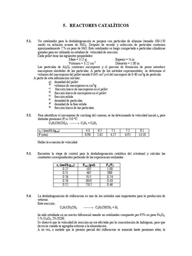 Problemas Reactores Catalíticos | PDF | Reactor Quimico | Catálisis