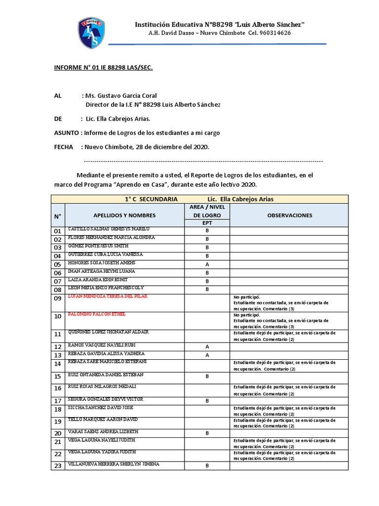 Informe Fin de Año 2020 Secundaria 1 | PDF | Violencia
