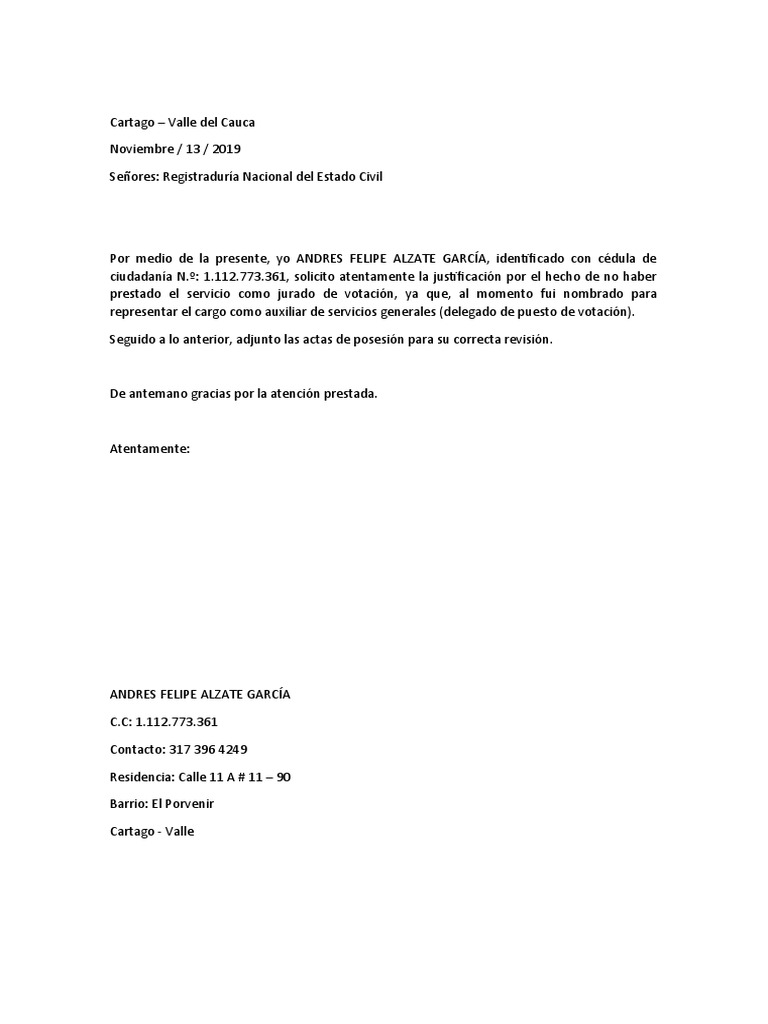 Carta Excusa Jurado de Votación | PDF