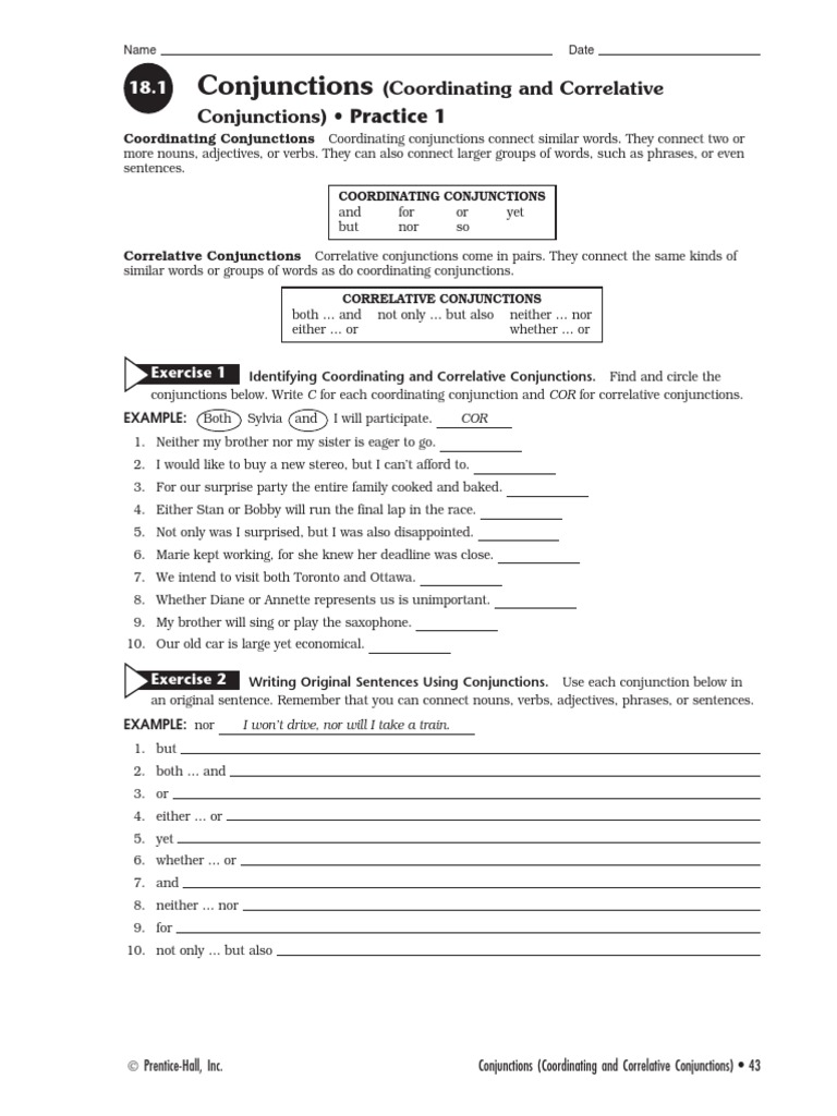 Conjunctions: (Coordinating and Correlative Conjunctions) - Practice 1 ...