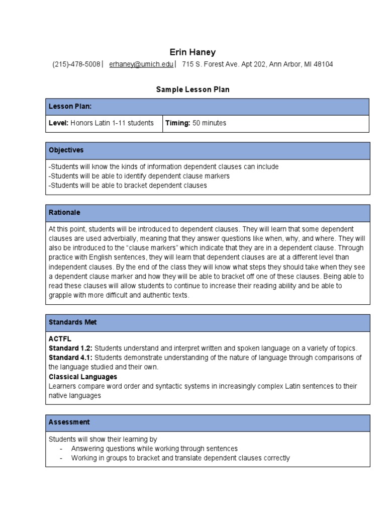 Erin Haney: Sample Lesson Plan | PDF | Clause | Sentence (Linguistics)