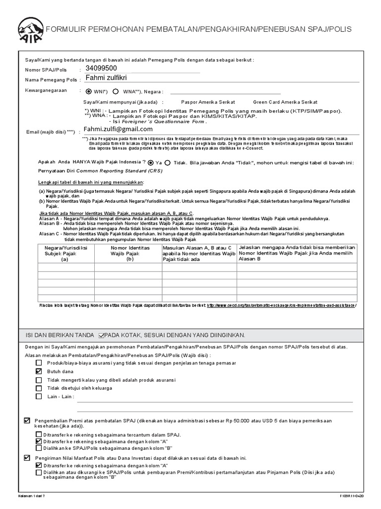 Formulir Permohonan Pembatalan Pengakhiran Penebusan Spaj Polis | PDF