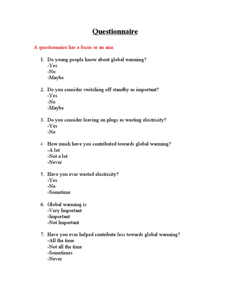 Global Warming Awareness Questionnaire | PDF
