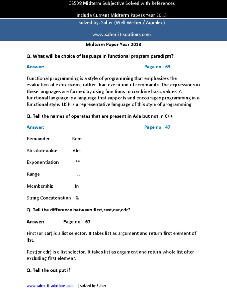 CS508 Midterm Solved Current Subjective Papers Withrefernces | PDF | Object Oriented Programming ...