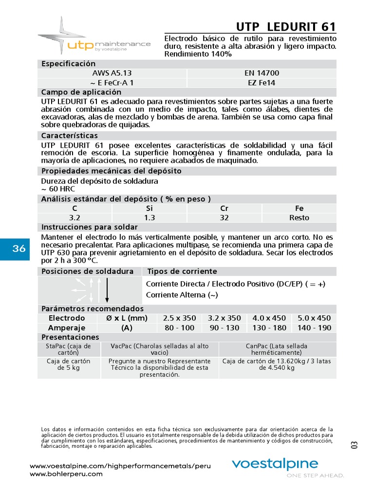 Electrodo UTP LEDURIT 61: Alta Abrasión | PDF | Soldadura | Construcción