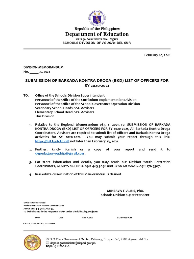 Department of Education: Submission of Barkada Kontra Droga (BKD) List ...