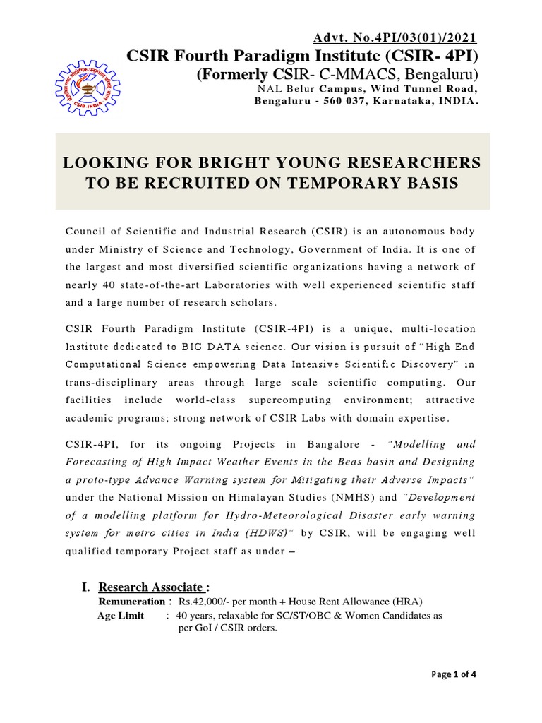 CSIR Fourth Paradigm Institute (CSIR-4PI) : (Formerly CSIR - C-MMACS ...