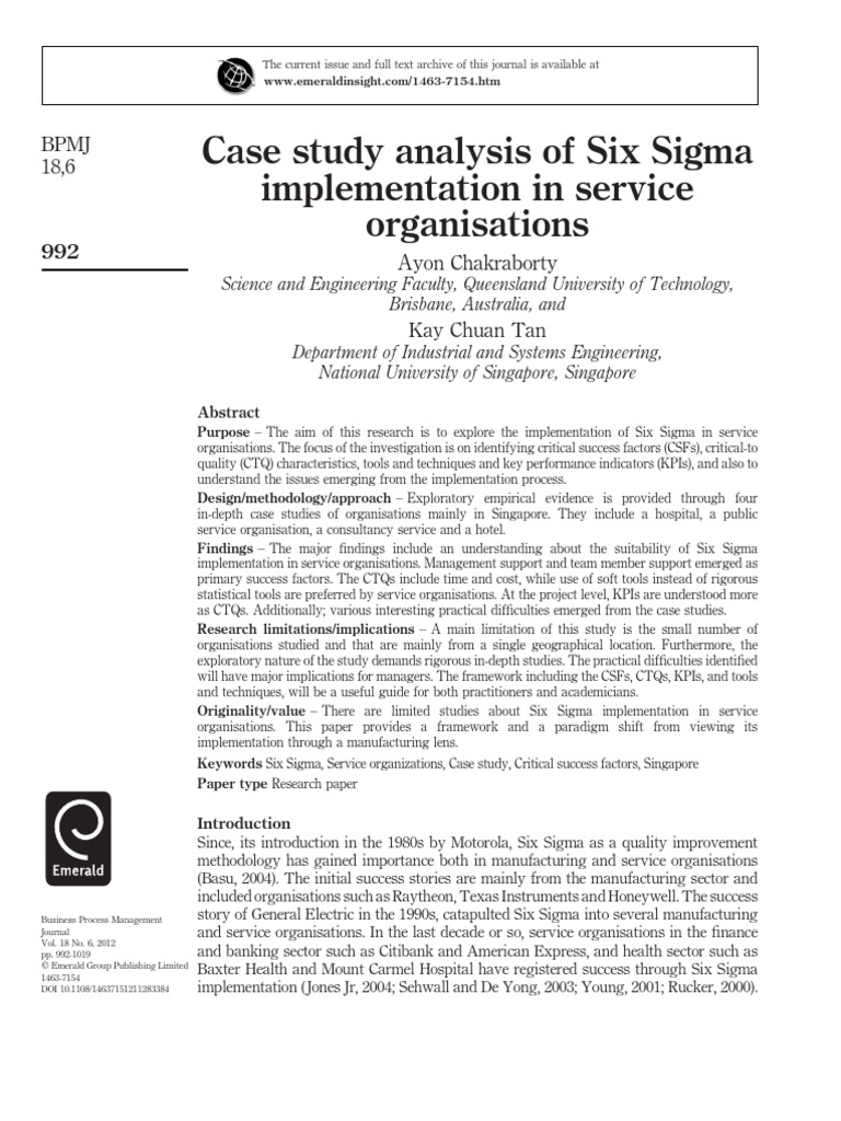 Case Study Analysis of Six Sigma Implementation in Service ...