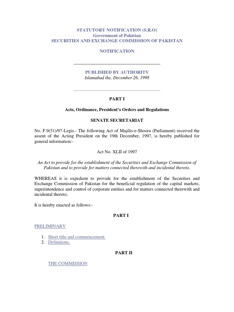 Statutory Notification (S.R.O) Government of Pakistan Securities and ...