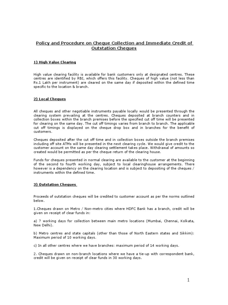 Cheque Collection and Clearing Policy | PDF | Cheque | Banks
