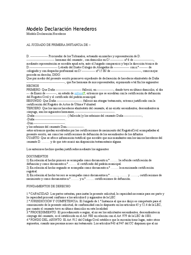 Modelo De Acta De Declaracion De Herederos