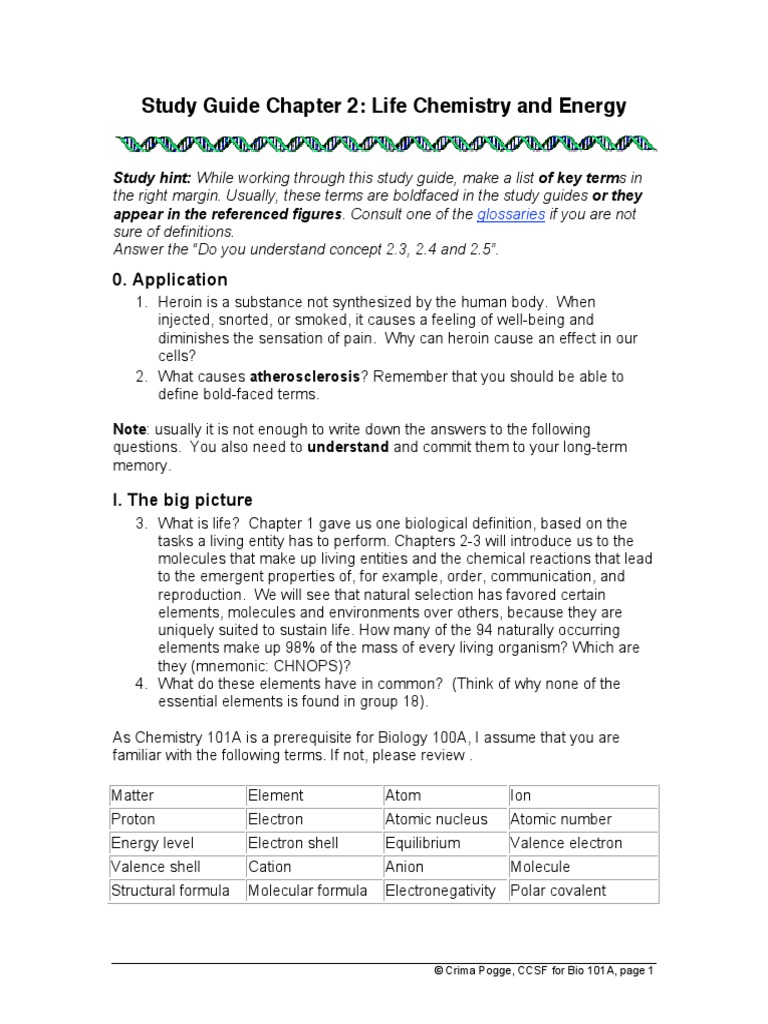 Study Guide Chapter 2: Life Chemistry and Energy: 0. Application | PDF ...
