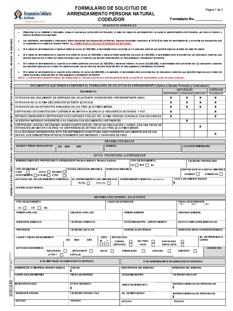 Formato Solicitud Arrendamiento Persona Natural Codeudor | PDF | Póliza de seguros | Economias