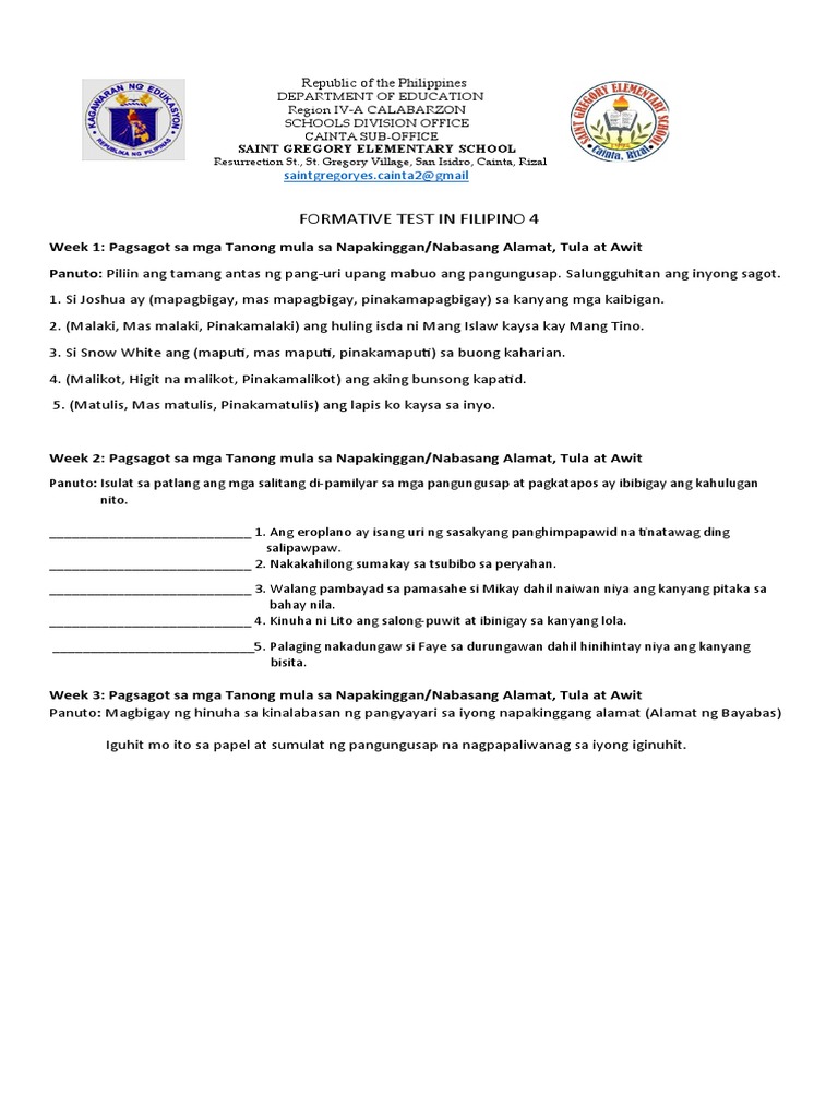 Formative Grade 4 Filipino | PDF