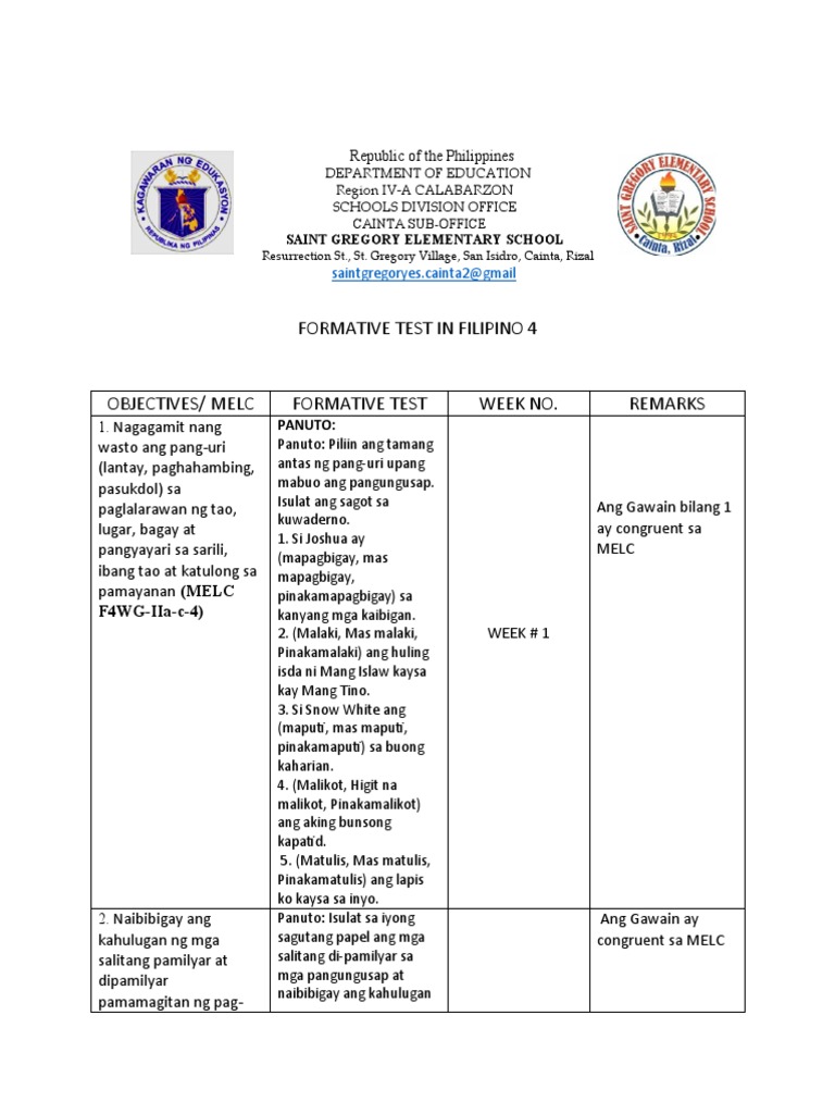 Formative Test - Fil 4 - Quarter 2. | PDF