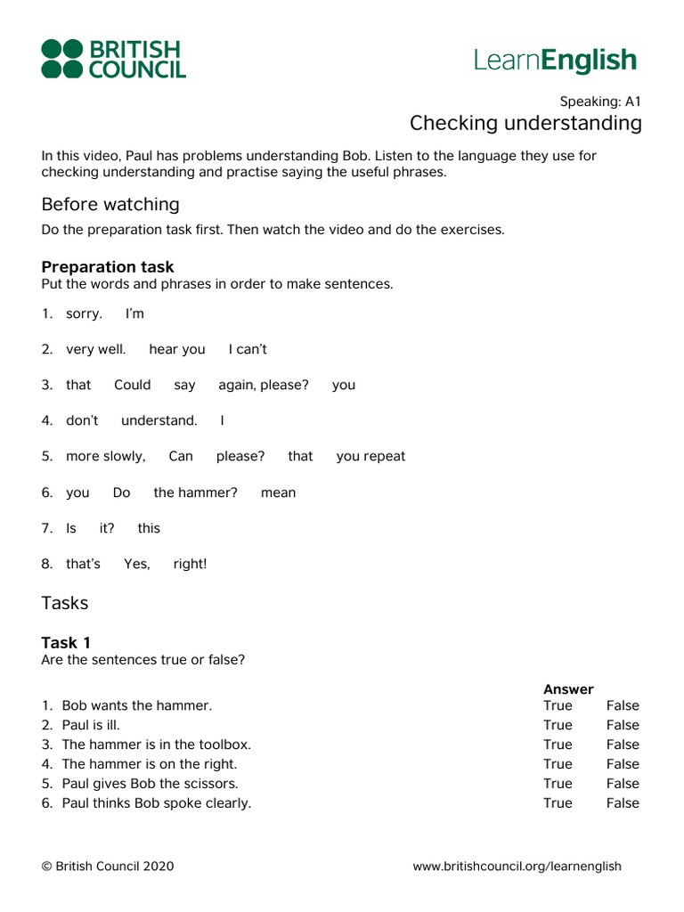 Speaking A1 Checking Understanding | PDF