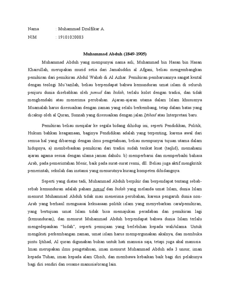 Muhammad Abduh (Sang Pemikir Islam Pada Masa Modern) | PDF