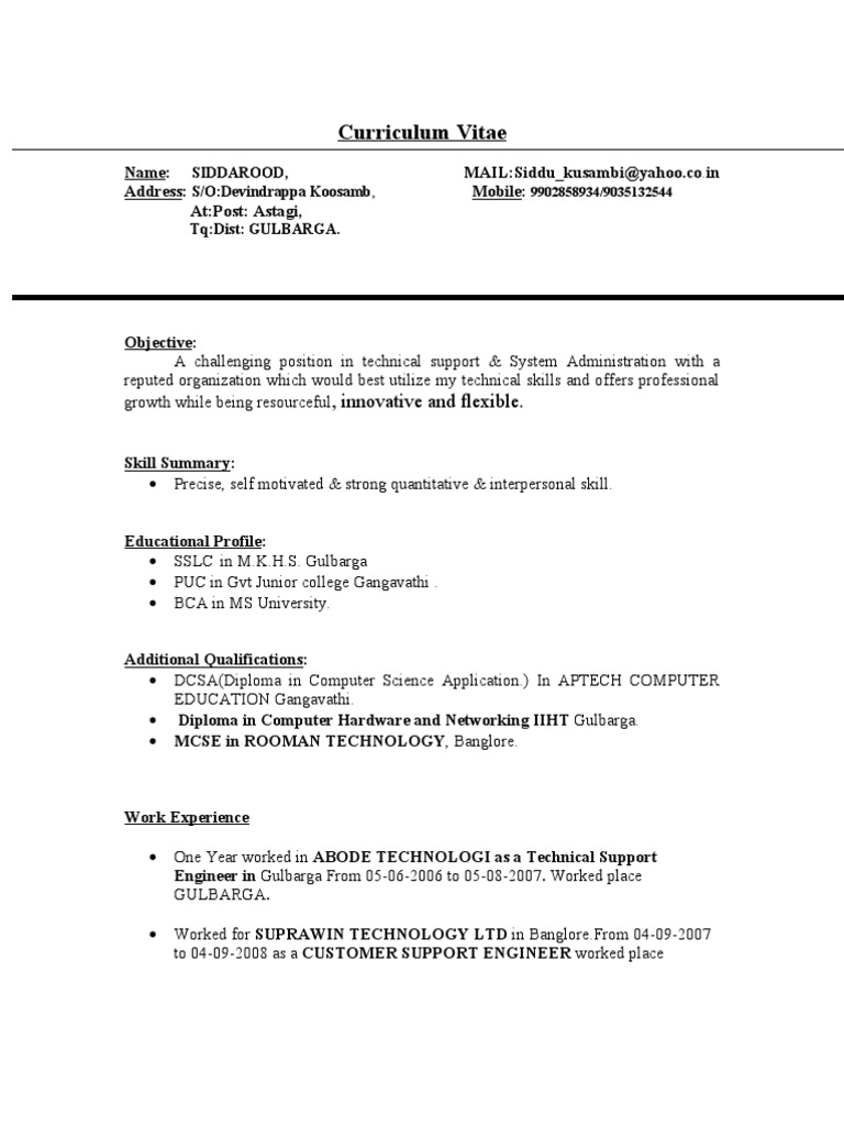 Siddu Resume | PDF | Bangalore | Windows Xp