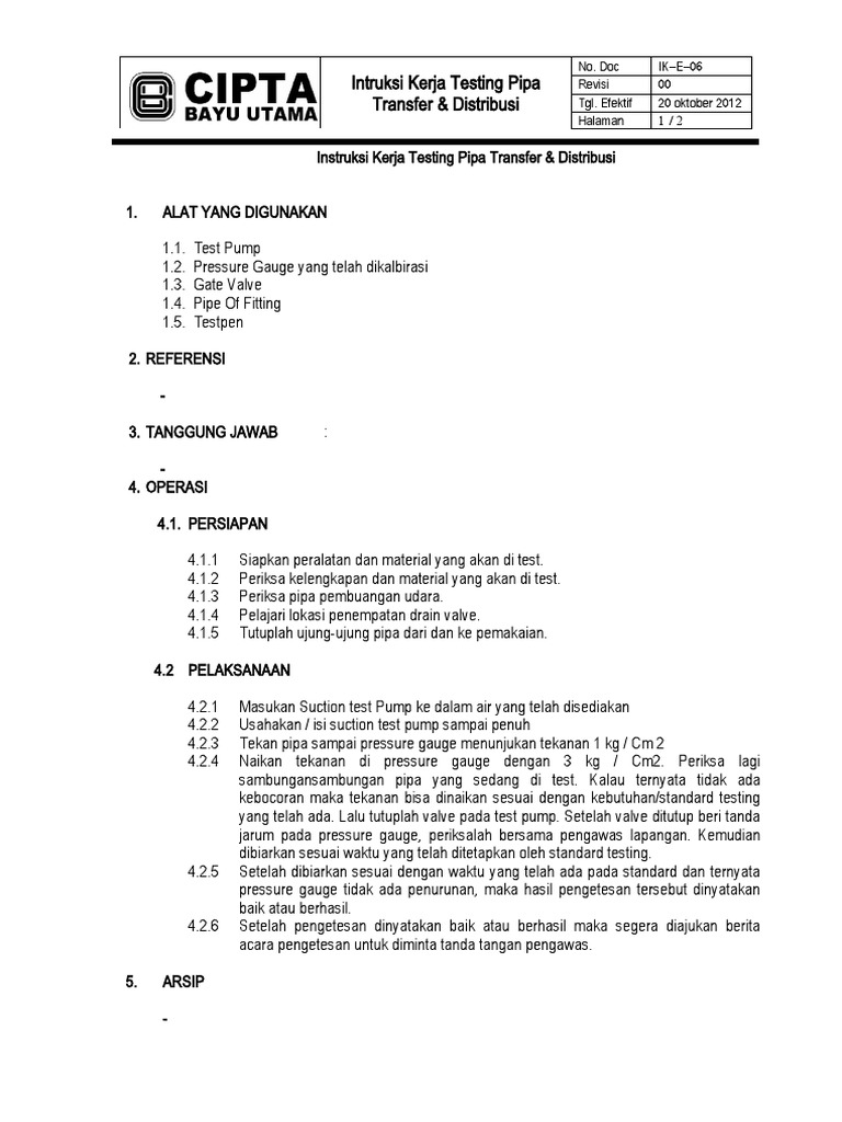 Metode Kerja Testing Pipa Transfer | PDF