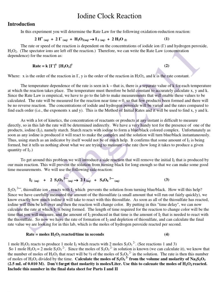 Iodine Clock Reaction Rate Law Analysis | PDF | Reaction Rate | Molar ...