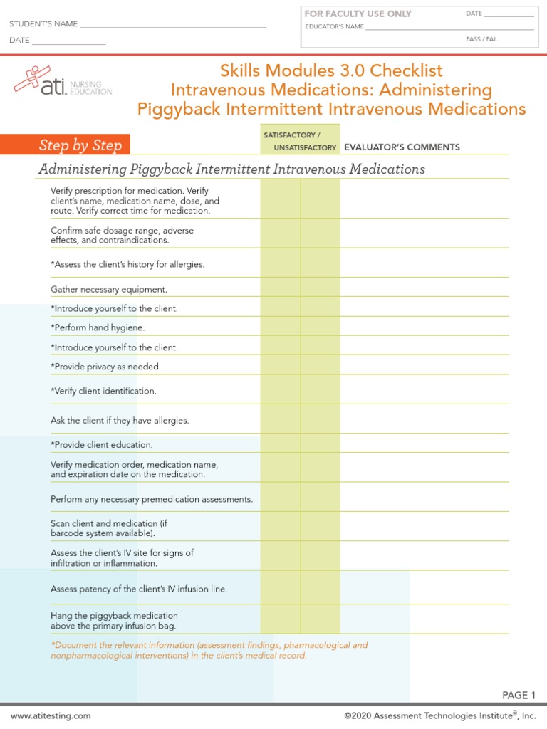 Skills Modules 3.0 Checklist Intravenous Medications: Administering ...