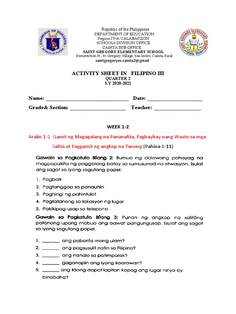 Activity-Sheets-for-Week 1-8-1st-Month FILIPINO3 | PDF