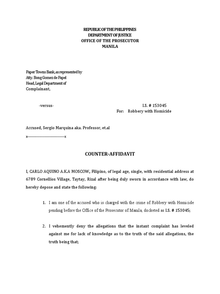 Counter Affidavit For Robbery With Homicide Moscow | PDF | Affidavit ...