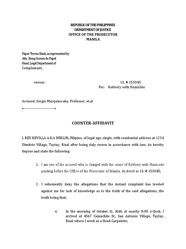 Counter Affidavit For Robbery With Homicide Berlin | PDF | Affidavit ...