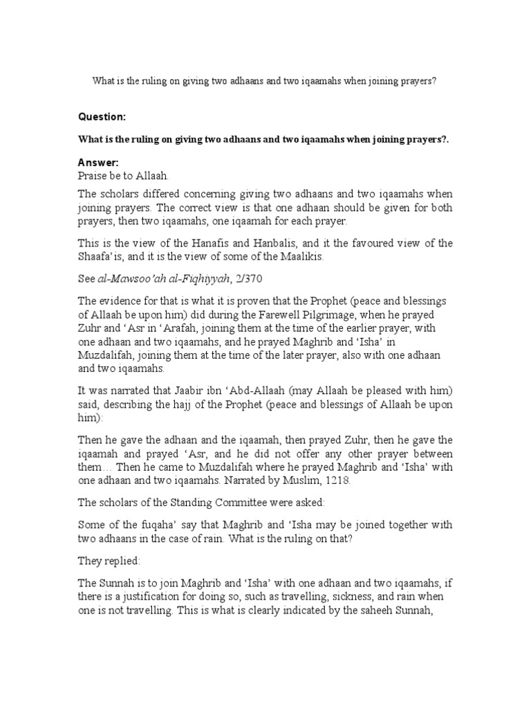 Adhaans and Iqaamahs When Joining Prayers | PDF | Muhammad | Hadith
