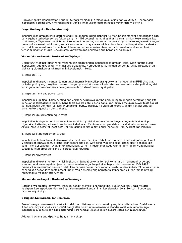 Contoh Inspeksi Keselamatan Kerja K3 | PDF
