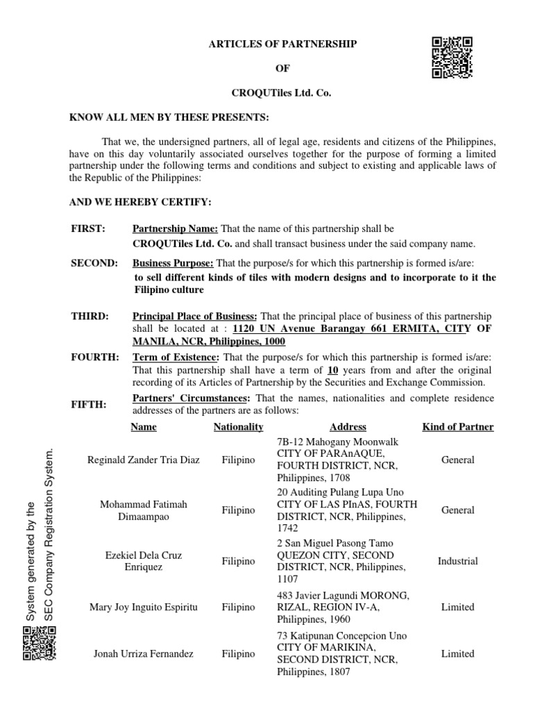 Articles of Partnership Limited Sec | PDF | Metro Manila | Philippines