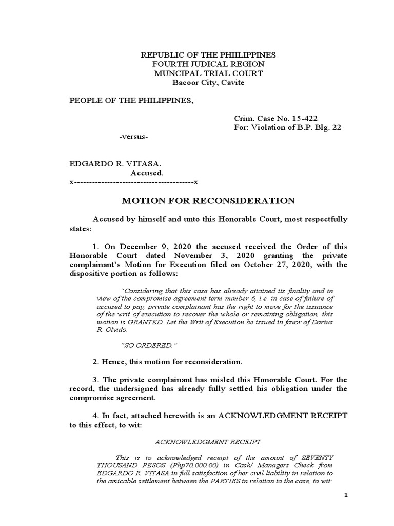 Motion for Reconsideration on BP 22 | PDF | Courts | Judiciaries