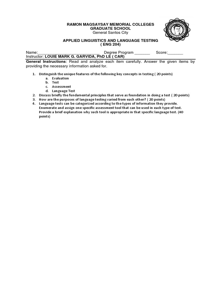 Quiz 1 - Principles and Purposes of Language Assessment | PDF