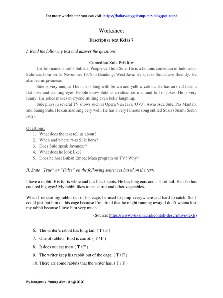 Descriptive Text Worksheet for Grade 7 | PDF | Language Arts ...